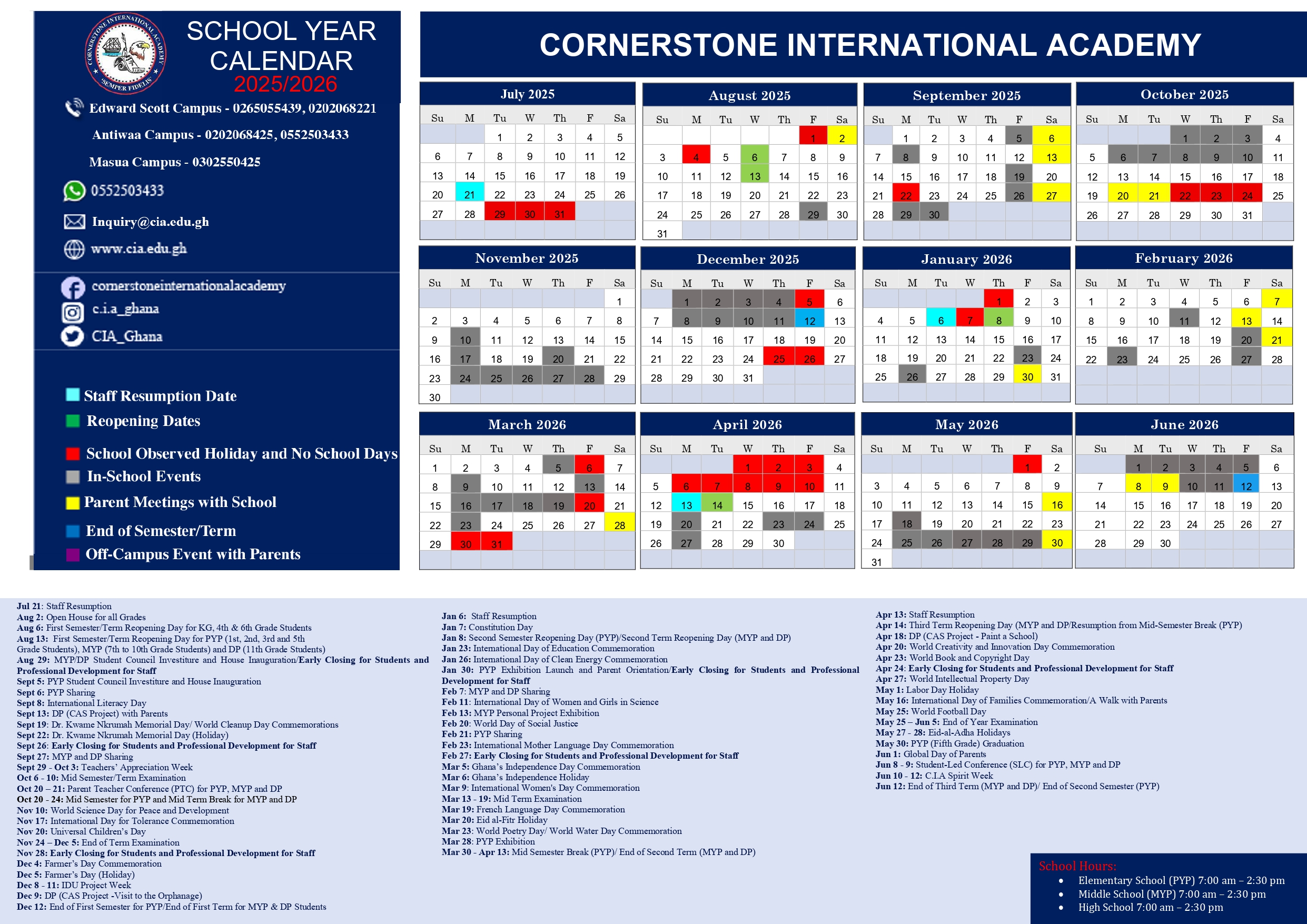 Cornerstone International Academy | School Calender